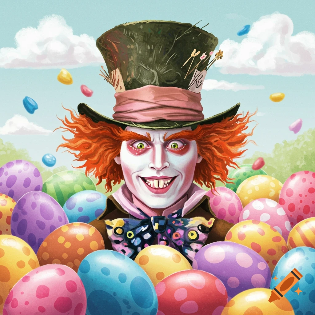 The Mad Hatter character is surrounded by colorful Easter eggs. on Craiyon
