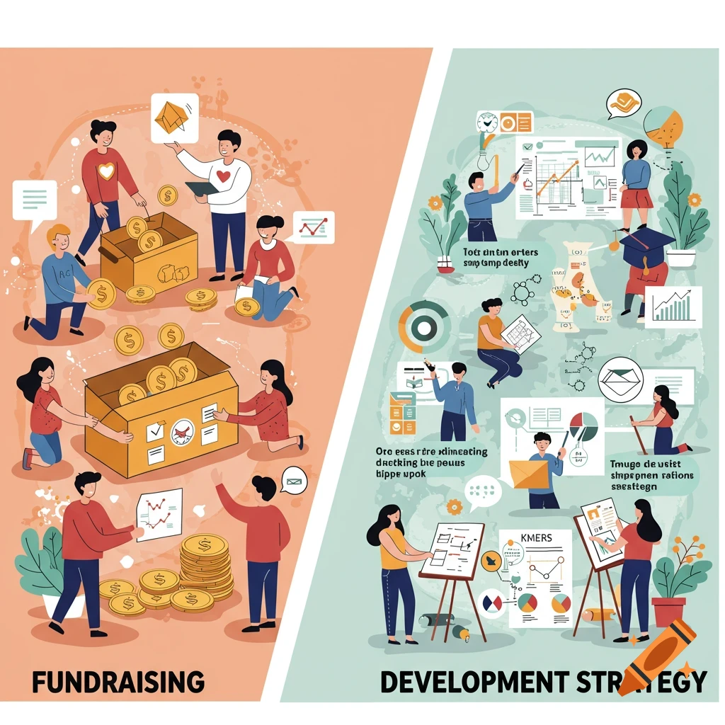 Side-by-side comparison of fundraising vs. development strategy on Craiyon