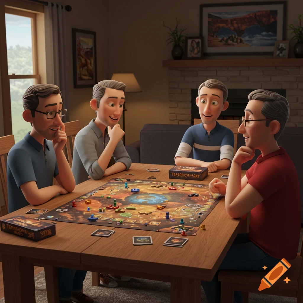 Pixar-style 3D animation of four middle-aged friends playing ...
