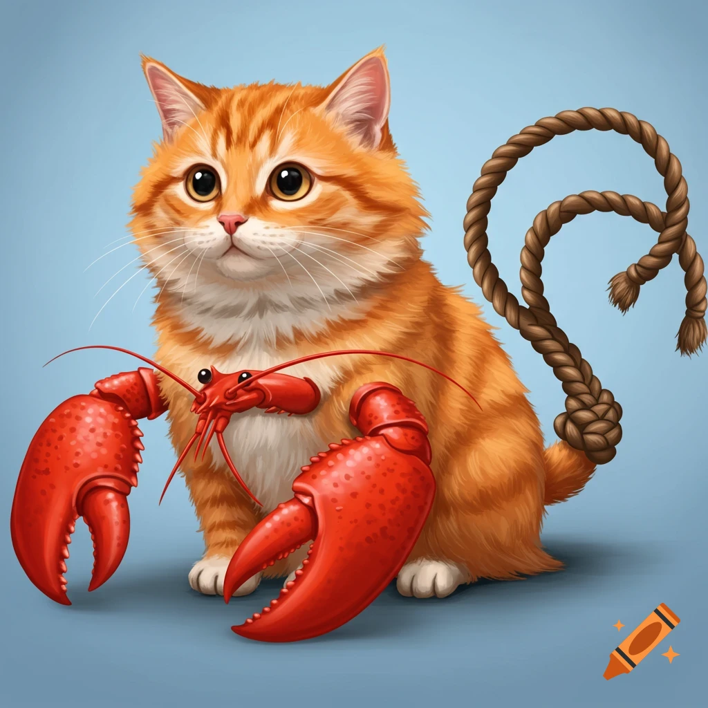 Orange cat with lobster claw paws and rope tail on Craiyon