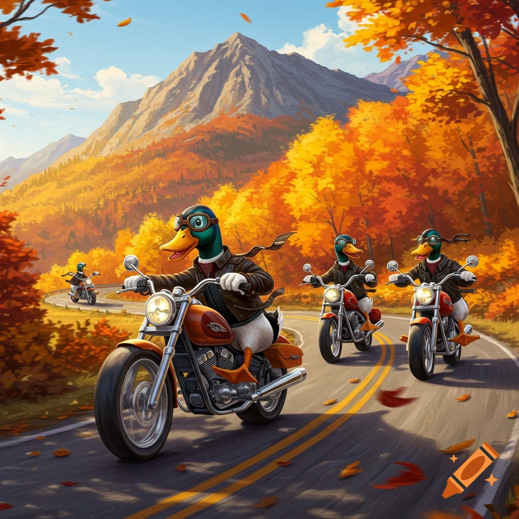 Ducks riding motorcycles in a fall mountain landscape on Craiyon