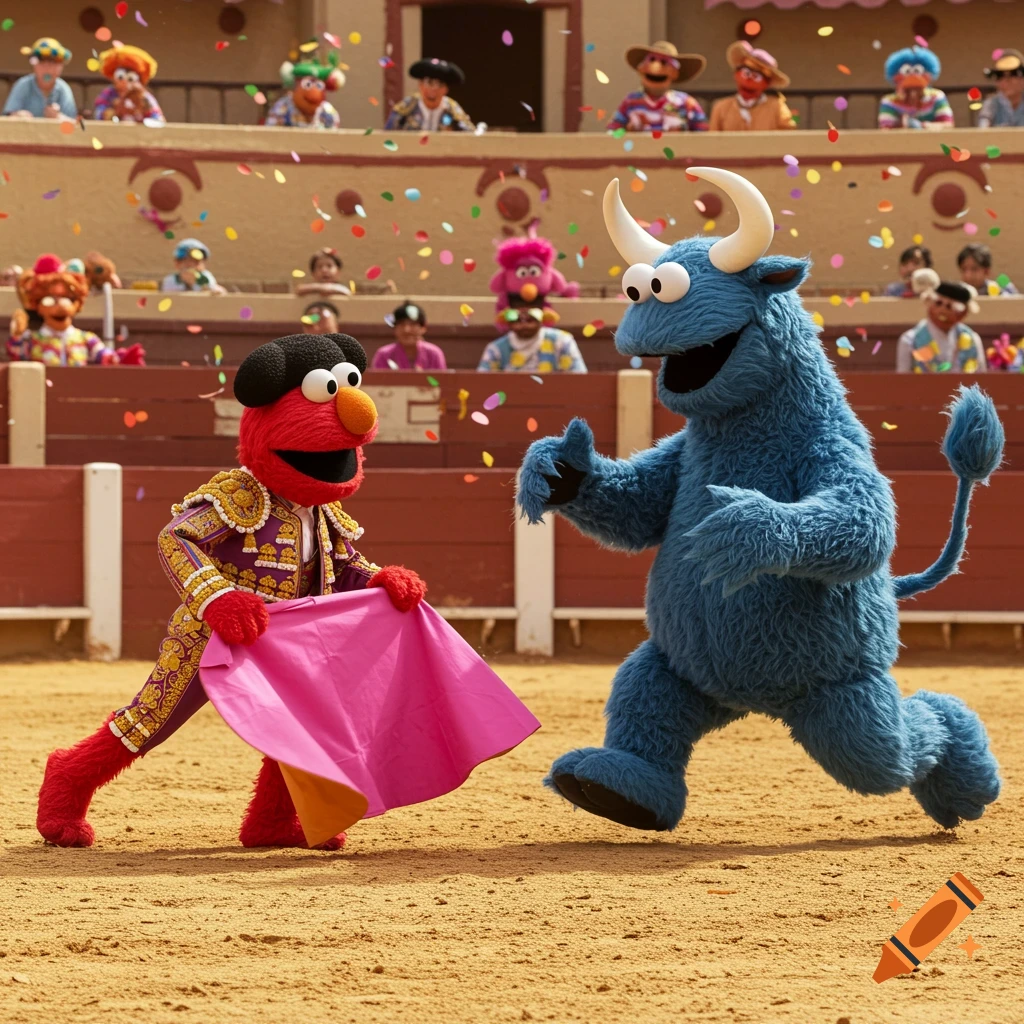 Elmo in a matador costume facing Cookie Monster dressed as a bull in a ...