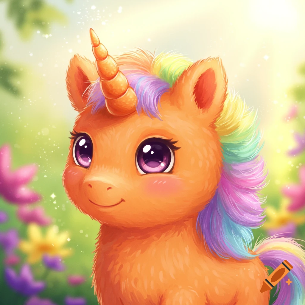 A cute orange unicorn with a rainbow mane and tail in a sunny field of flowers. on Craiyon