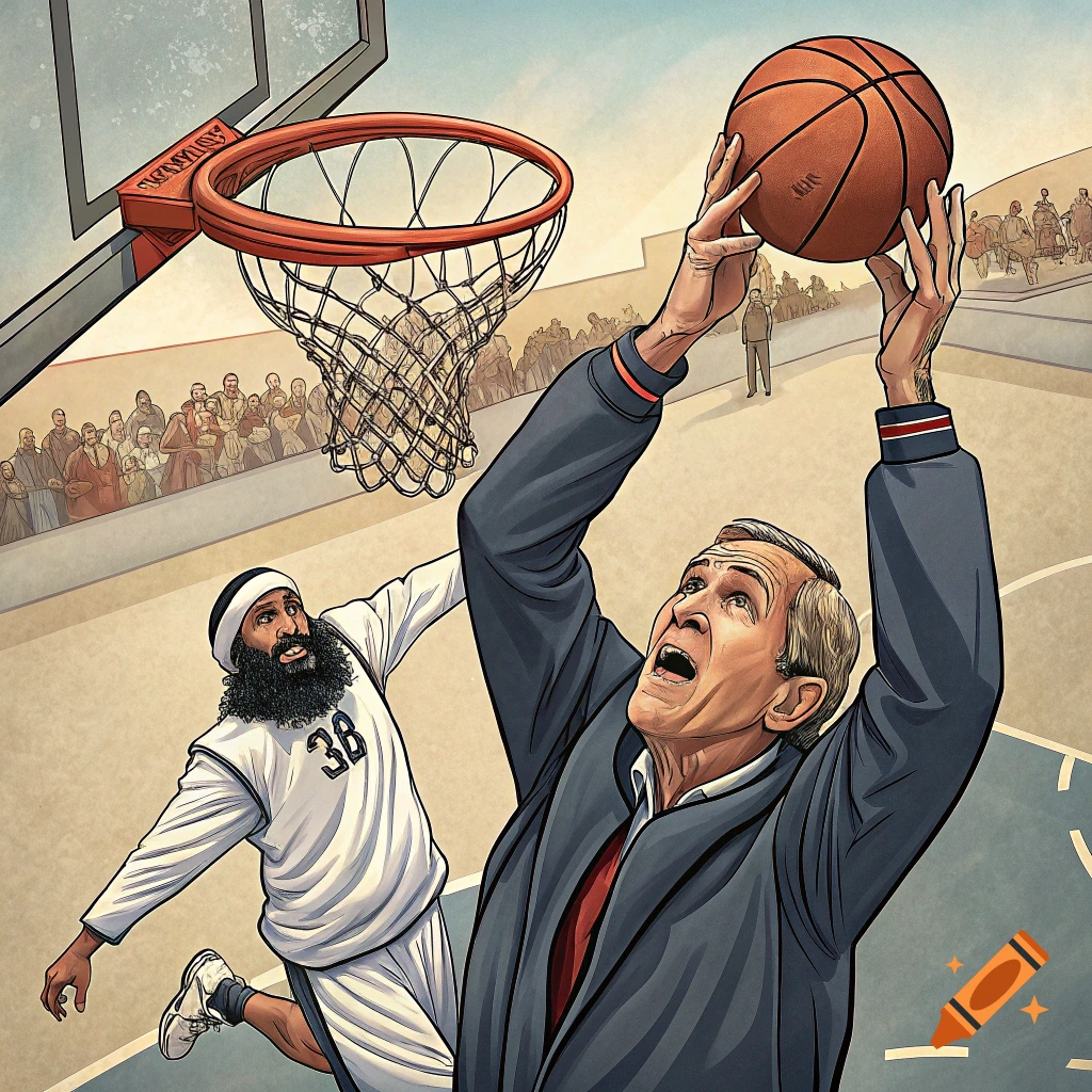 Illustration of a person resembling Urkel dunking a basketball on a ...