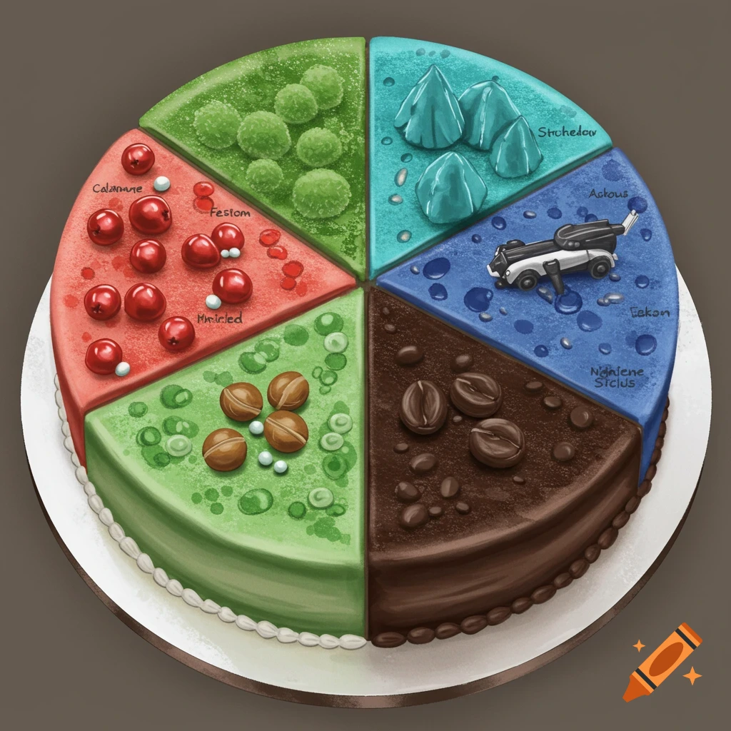 Cake design concept divided into three themed sections on Craiyon