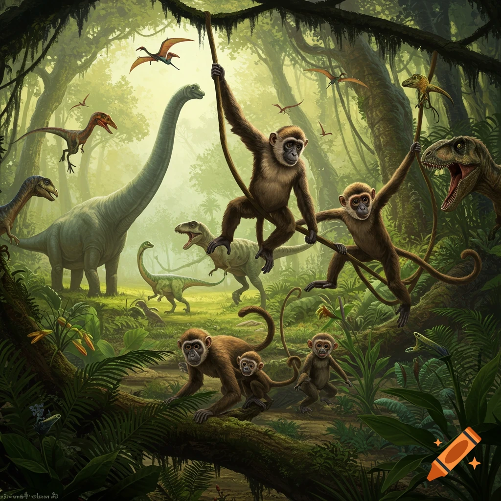 Prehistoric monkey family swinging with dinosaurs in background on Craiyon
