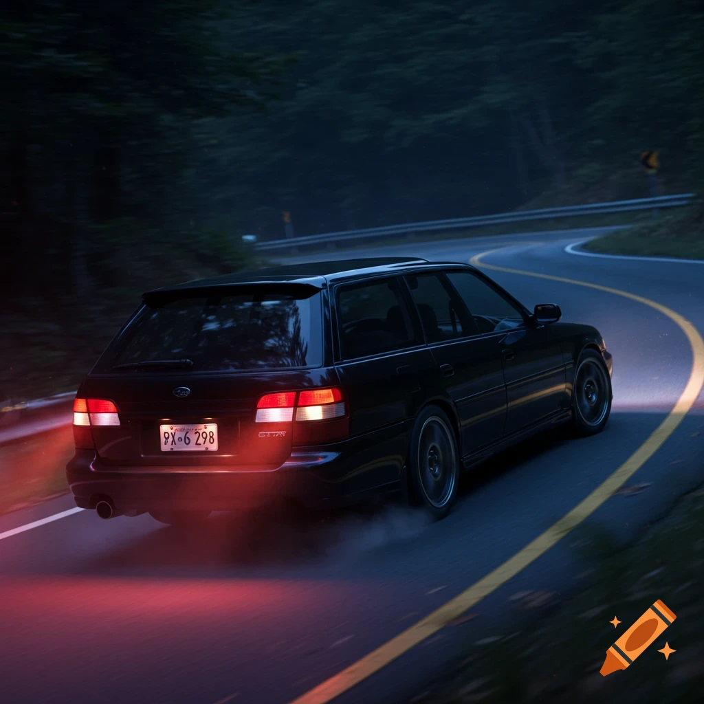 Black 1996 Subaru Legacy GT racing on mountain road, anime style on Craiyon