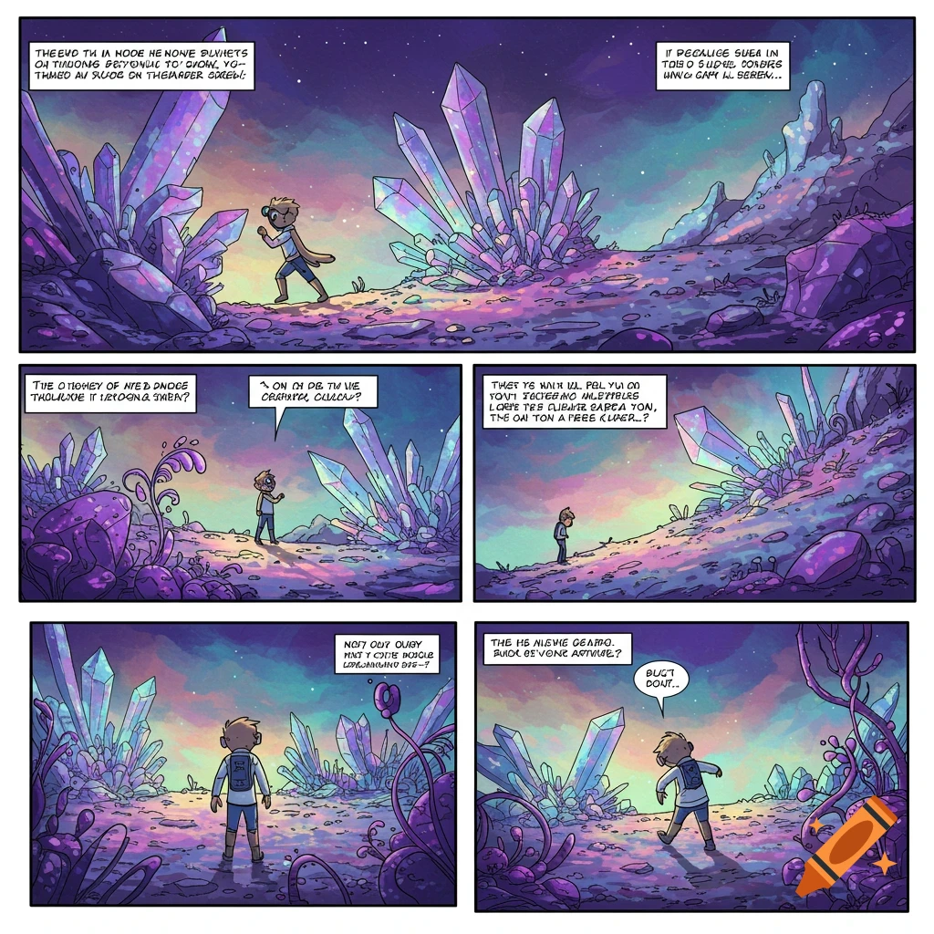 Comic panels of a colorful alien planet discovery on Craiyon