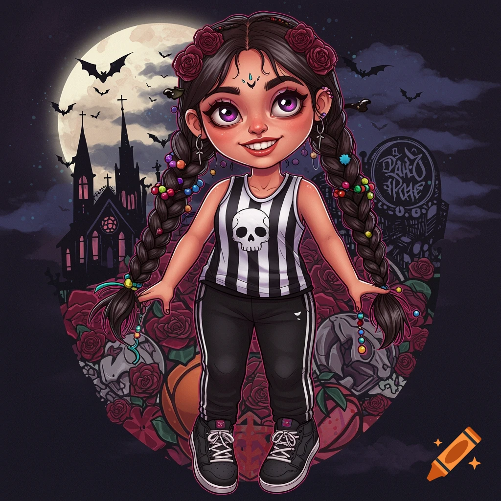 A doll-like goth girl with mint green dreadlocks and tattoos, wearing a ...