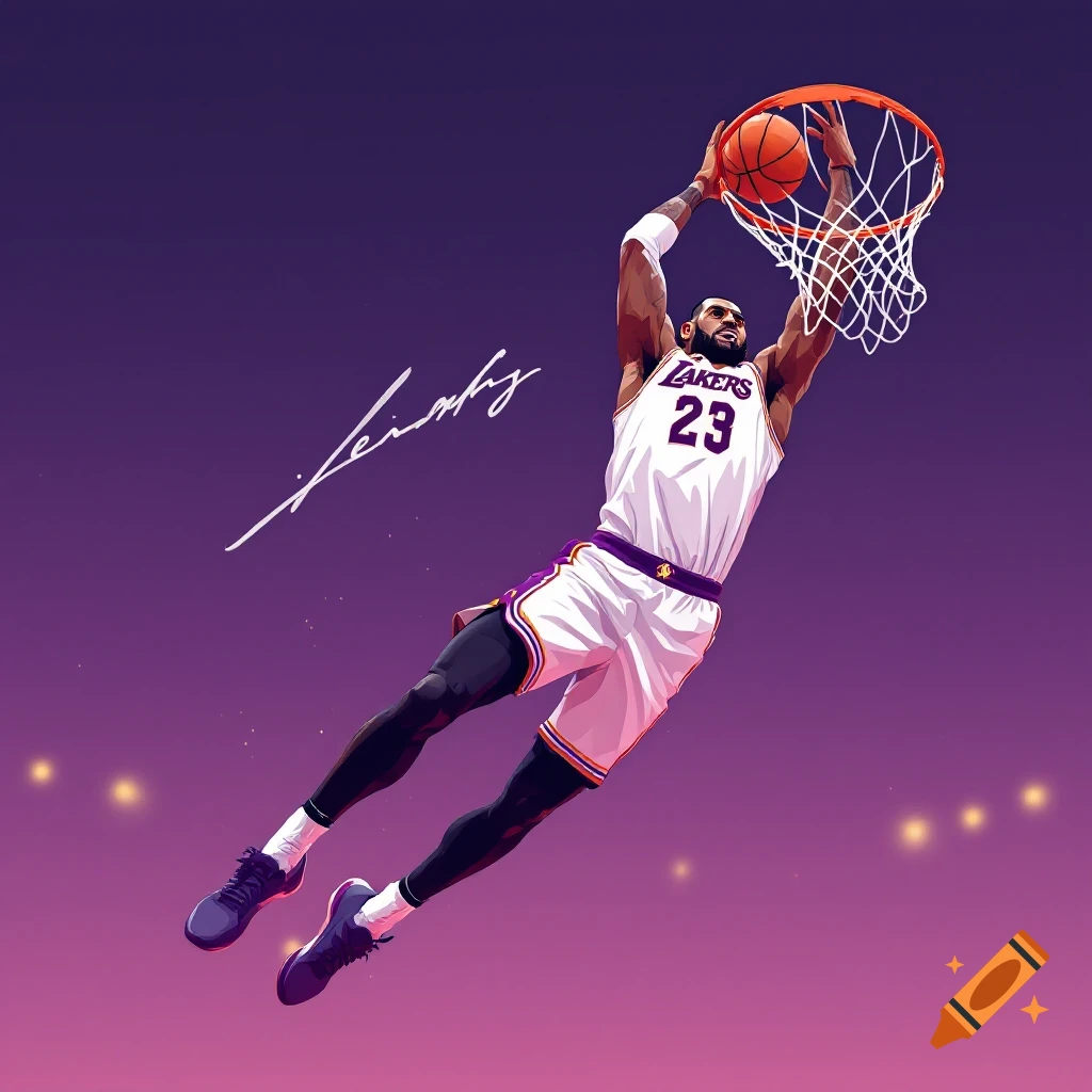 Cartoon illustration of Lebron James dunking a basketball on Craiyon