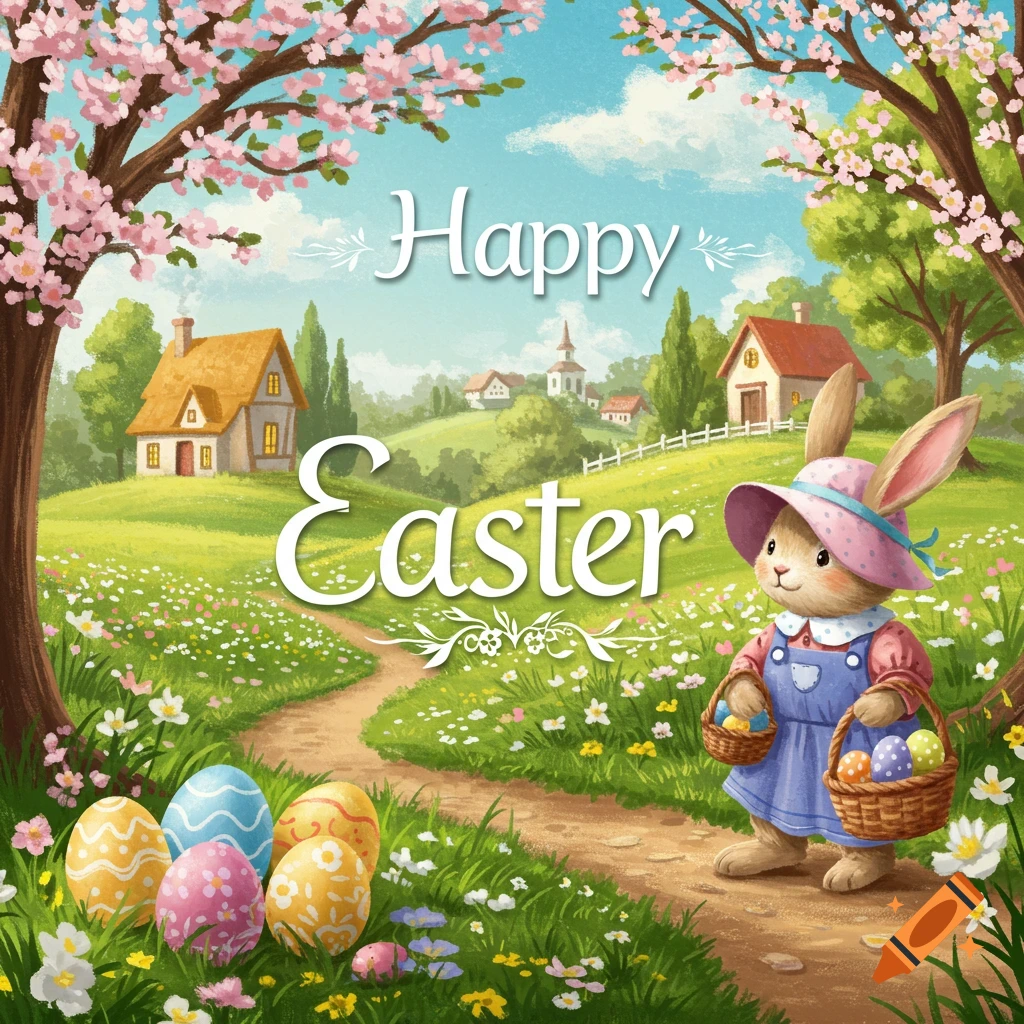 An Easter bunny with colorful eggs and 'Happy Easter' text in a field ...