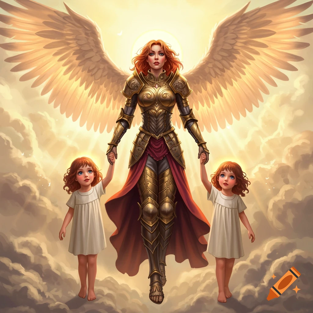 A warrior angel in golden armor descends with two children through ...