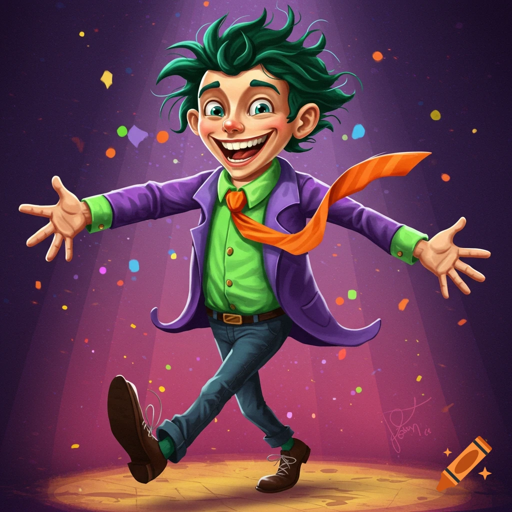 Character Felix in purple jacket, green shirt and hair, orange tie on ...