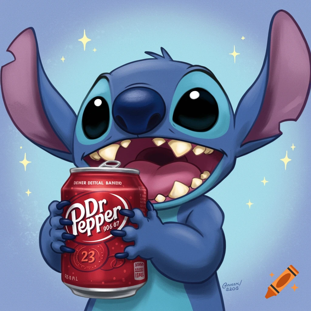 Cartoon illustration of Stitch holding a Dr Pepper can on a beach on ...