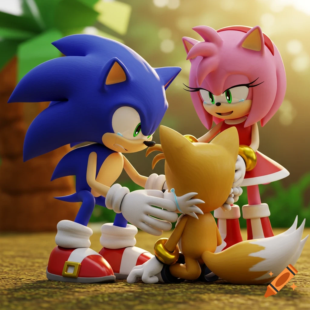 Sonic and Amy Rose comfort Tails in a 3D rendered scene. on Craiyon