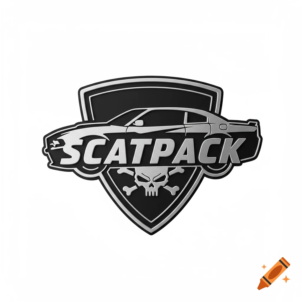 Metallic shield logo with a car silhouette, text SCATPACK, and a skull ...