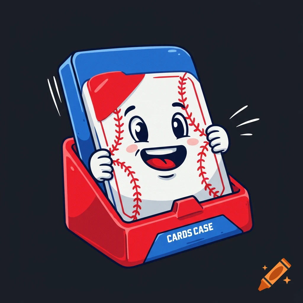 Cartoon logo of a baseball card case character smiling. on Craiyon