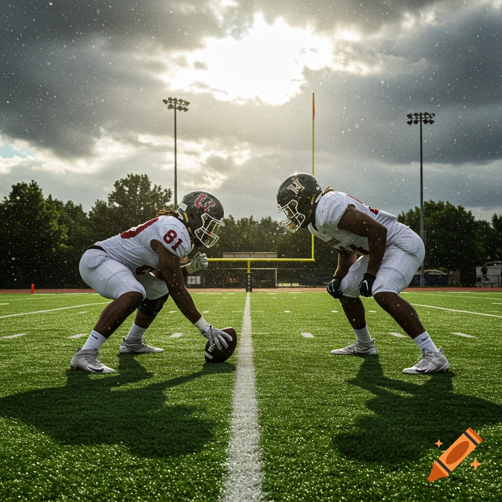 Wide receiver versus defensive back on a football field on Craiyon