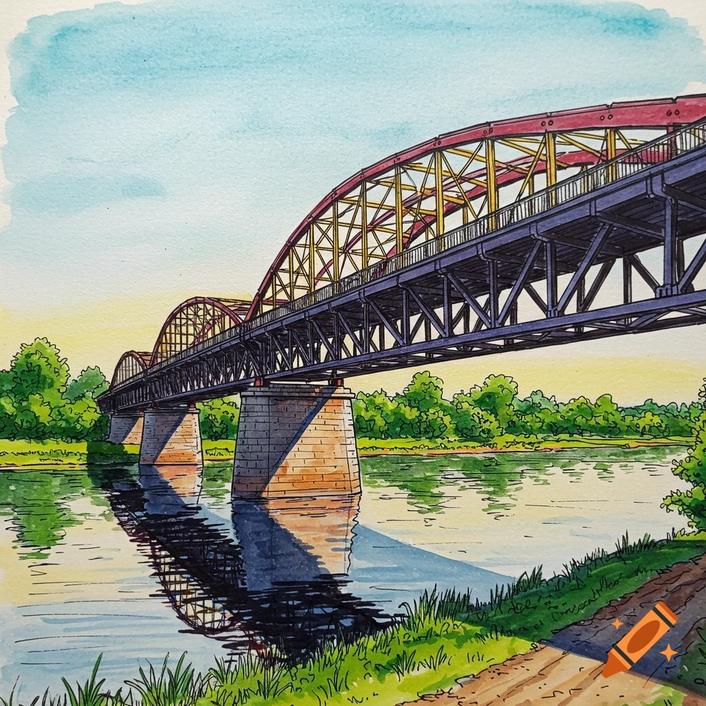 Watercolor drawing of a long bridge over a river with trees and ...