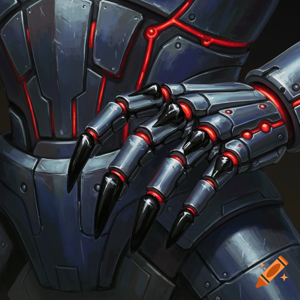 Close-up of a dark grey robotic arm with sharp black claws and red ...