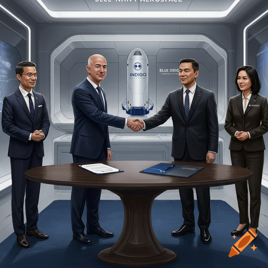 Blue Origin and Indigo Aerospace contract signing on Craiyon