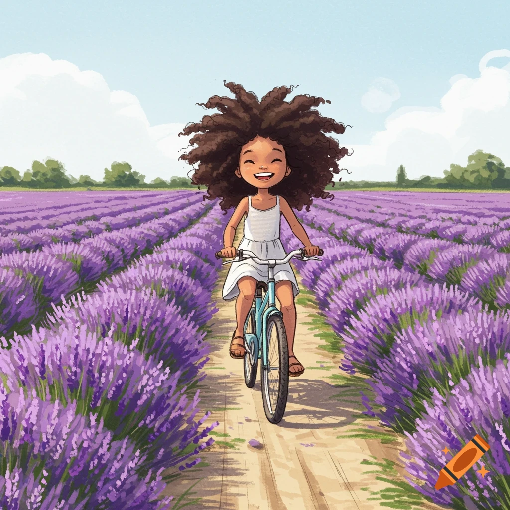 Girl with brown curly hair riding a bike in a lavender field on Craiyon