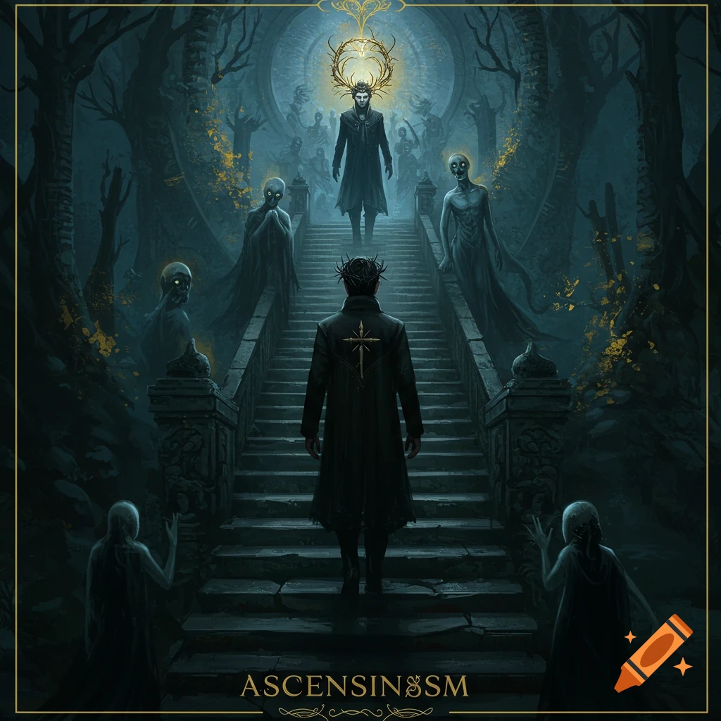 Dark fantasy art of a figure on stairs looking up at another figure ...