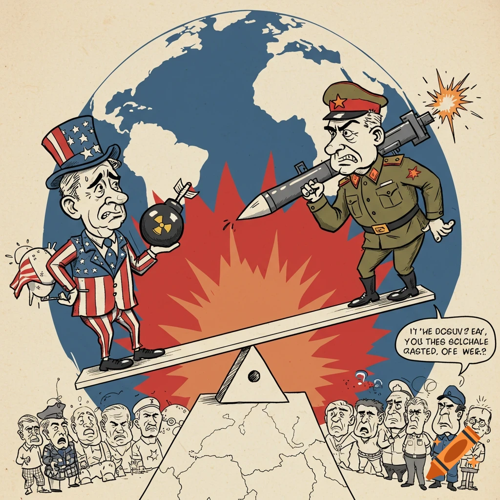 Political cartoon of Cold War figures balancing nuclear weapons on a ...