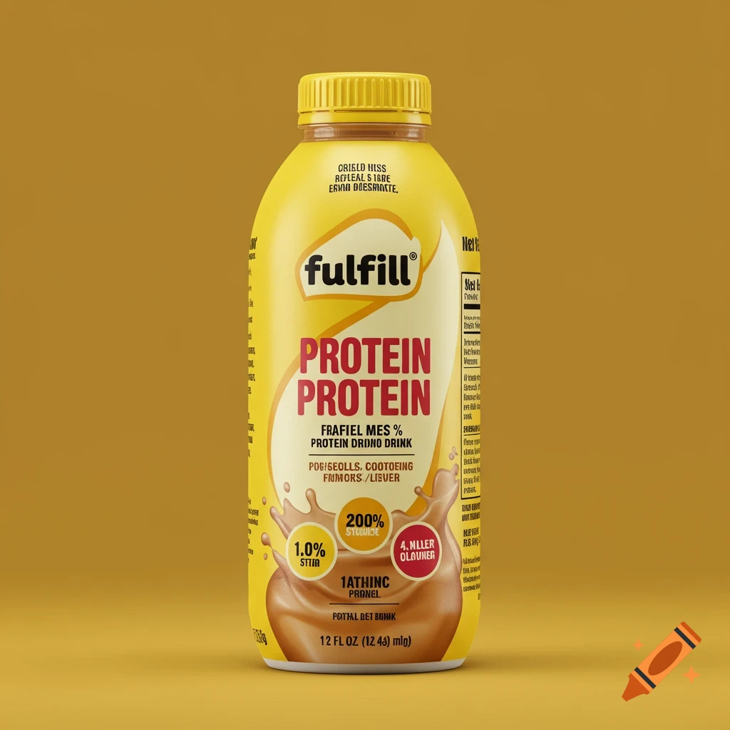 Fulfil brand protein drink with yellow, brown, and red design on Craiyon