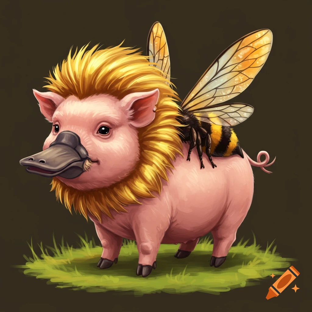 A hybrid creature with a pig body, platypus bill, lion mane, bee wings ...