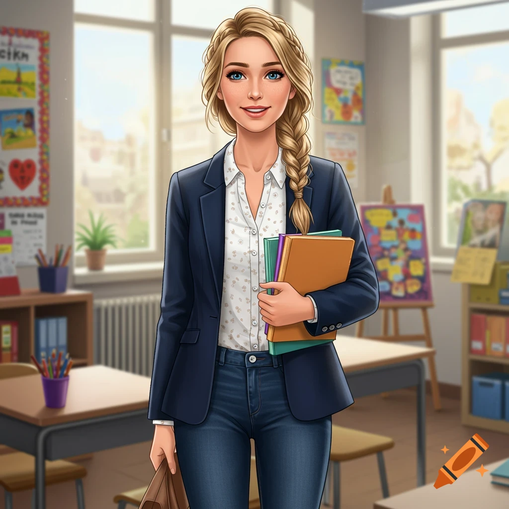 Smiling blond teacher with braid holding books in a classroom ...