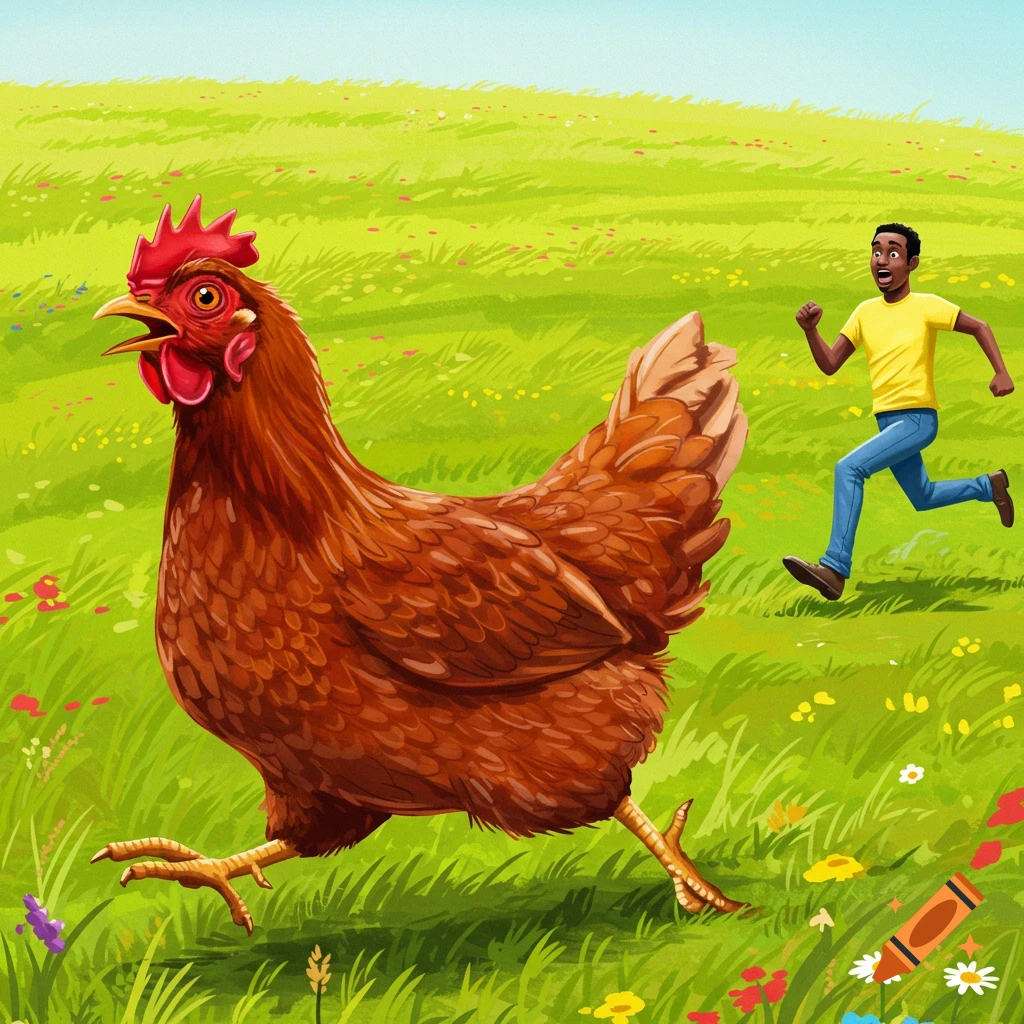 A large brown chicken chases a man through a sunny, grassy field. on ...