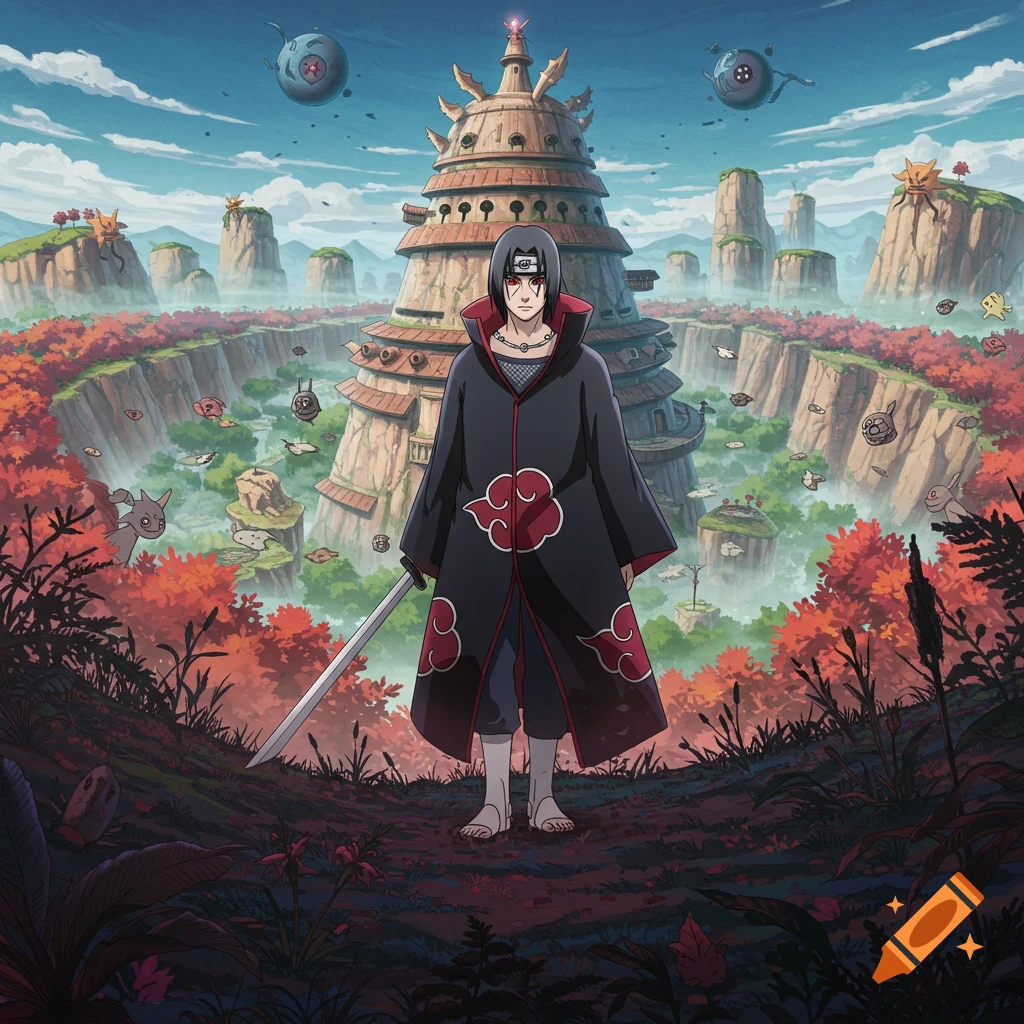 Naruto Uzumaki stands in a forest, facing the giant, orange nine-tailed ...