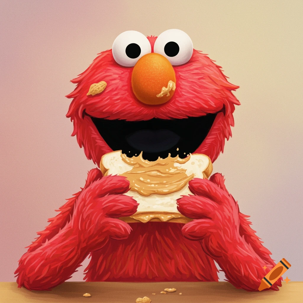 Elmo happily eating a peanut butter sandwich. on Craiyon