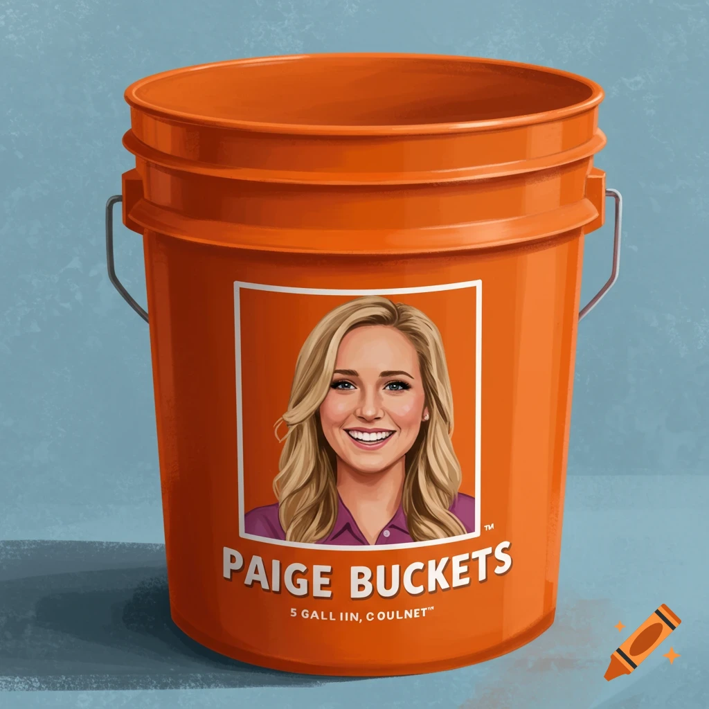 Home Depot bucket customized with 'Paige Buckets' and a face on Craiyon