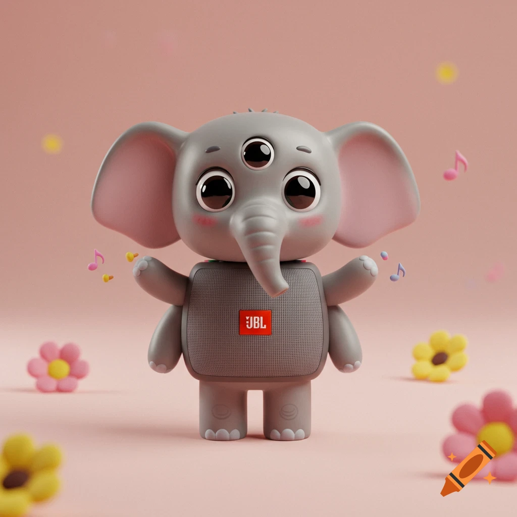 Chibi gray elephant with three eyes, four arms, and JBL speaker torso ...