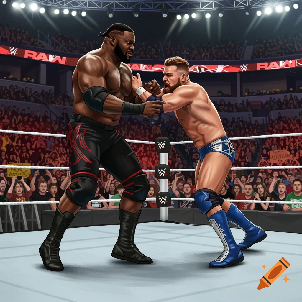 Two wrestlers grapple in a ring during a match in a large arena. on Craiyon