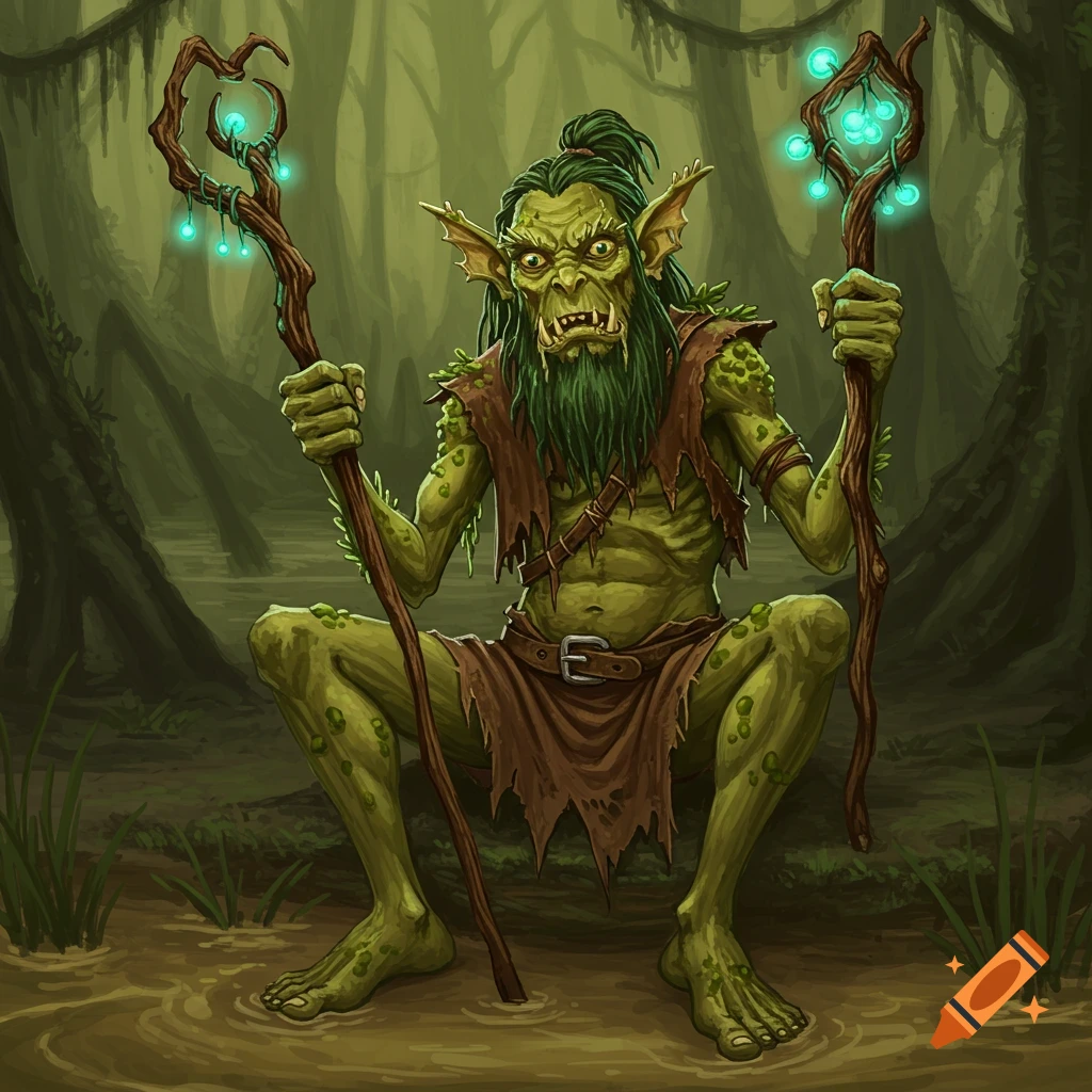 A sinister horned goblin-faun creature stands in a dark, mystical ...