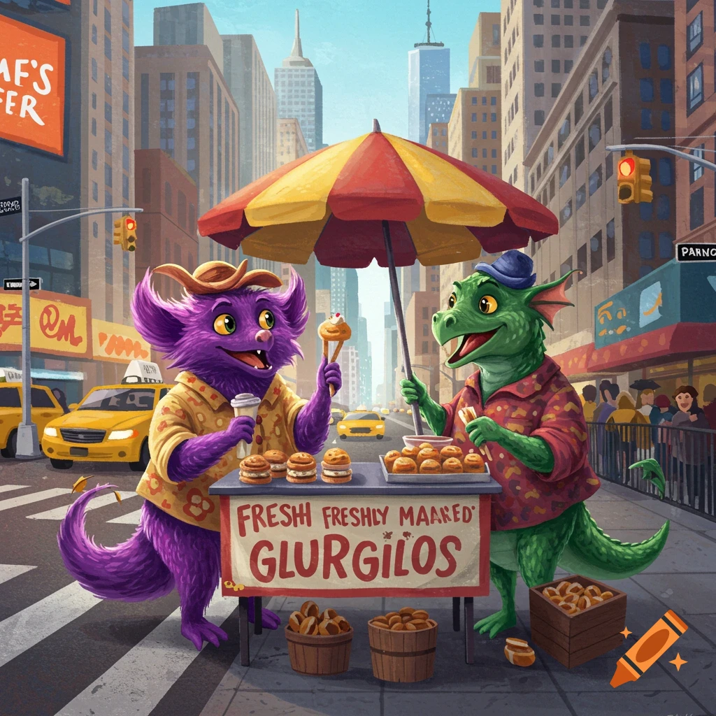 Two cartoon monsters are selling food from a street stand in a city. on ...