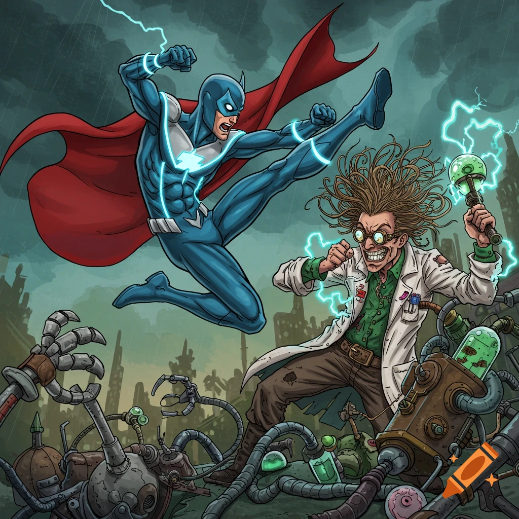 Cartoon illustration of a mad scientist holding a glowing device, surrounded by three robots in ...