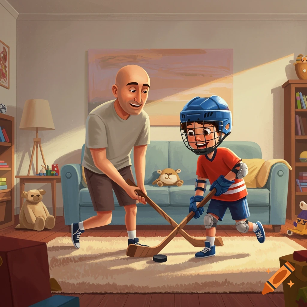 Cartoon digital painting of father and son playing hockey indoors. on ...