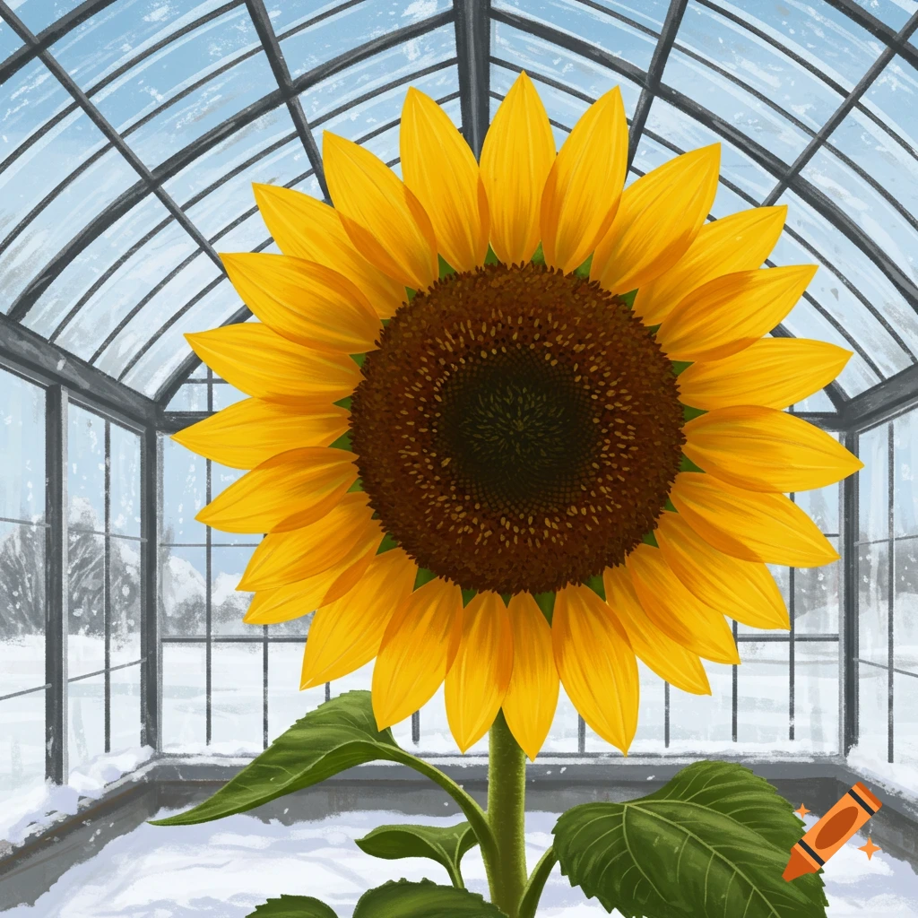 A large sunflower inside a greenhouse during winter. on Craiyon