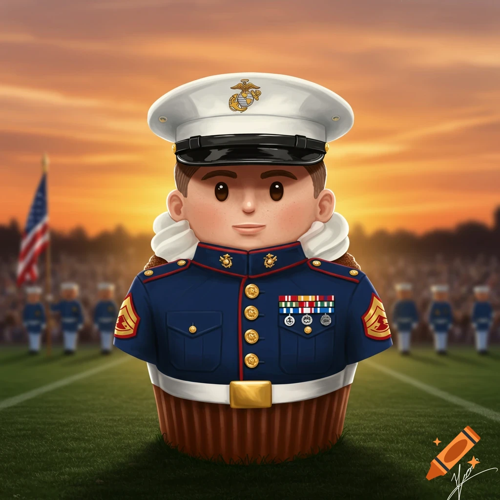 A cupcake dressed as a U.S. Marine in dress blues uniform stands in a ...