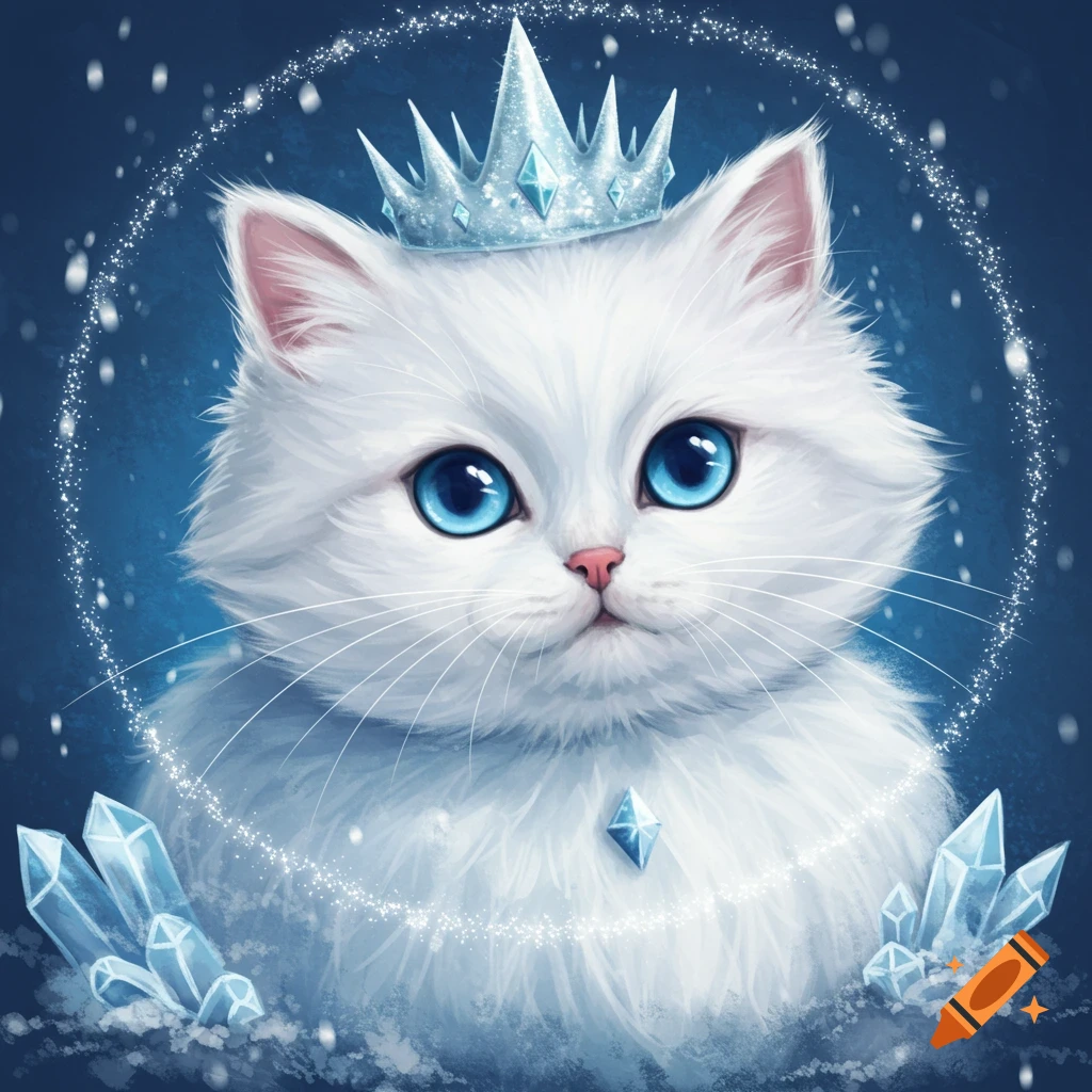 A white cat wears an icy crown, surrounded by crystals and sparkles. on ...
