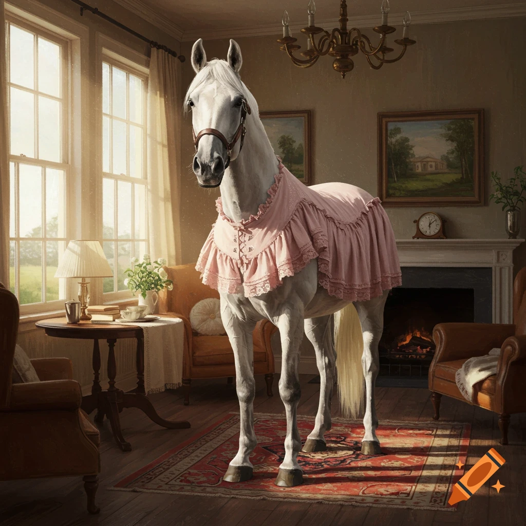 A white horse wearing a pink dress in a living room. on Craiyon