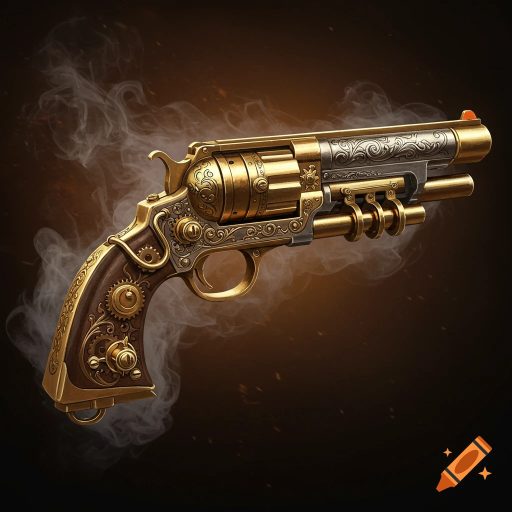 A steampunk handgun with gold accents and gears, surrounded by steam ...