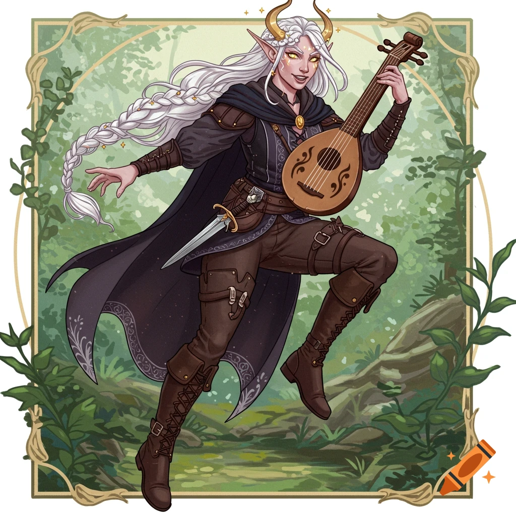 Half-elf, half-celestial rogue and bard in DND on Craiyon