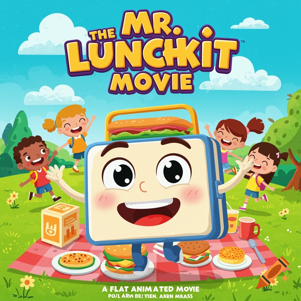 The Mr. Lunchkit Movie poster, flat animated style on Craiyon