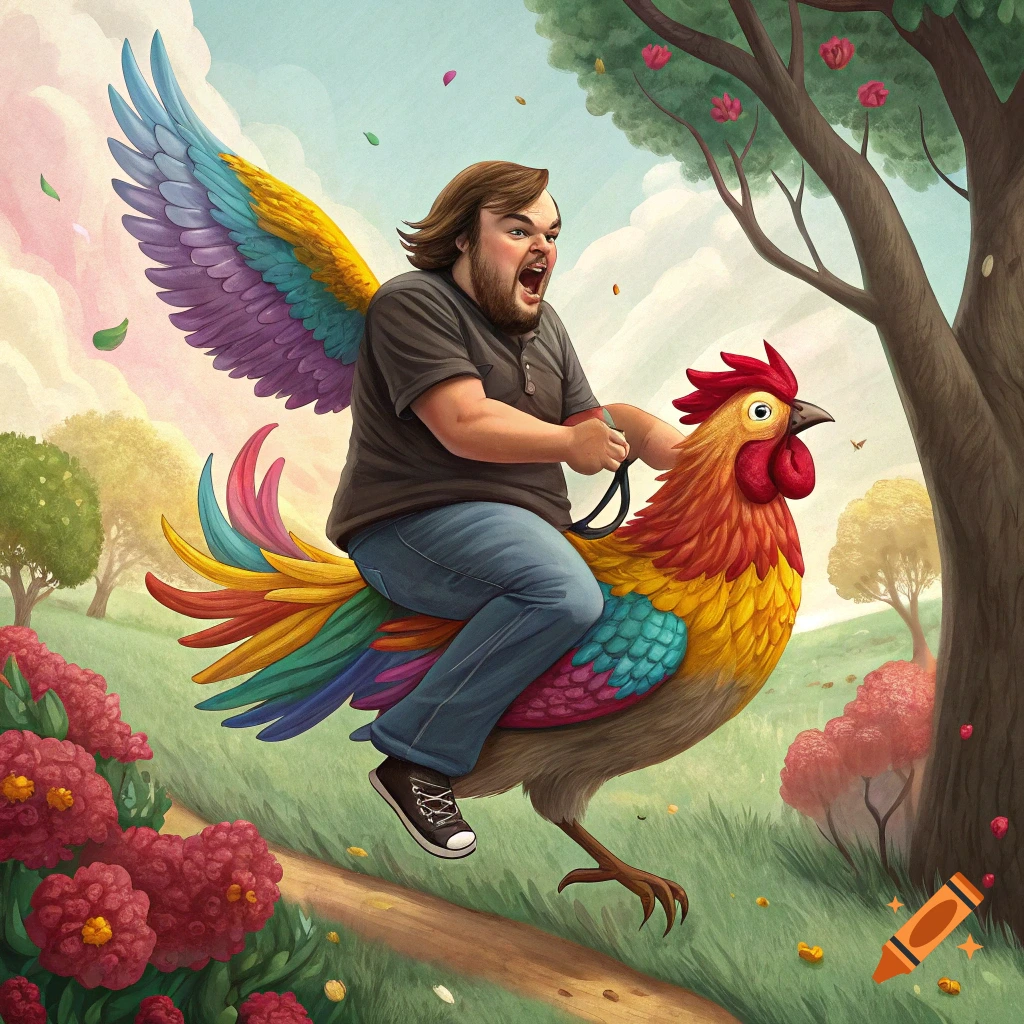 Jack Black riding a chicken on Craiyon
