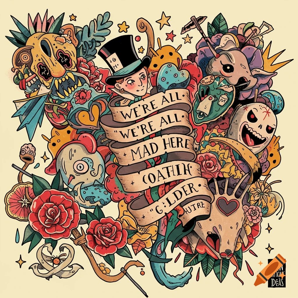 Tattoo ideas with colon and quote 'we're all mad here' on Craiyon